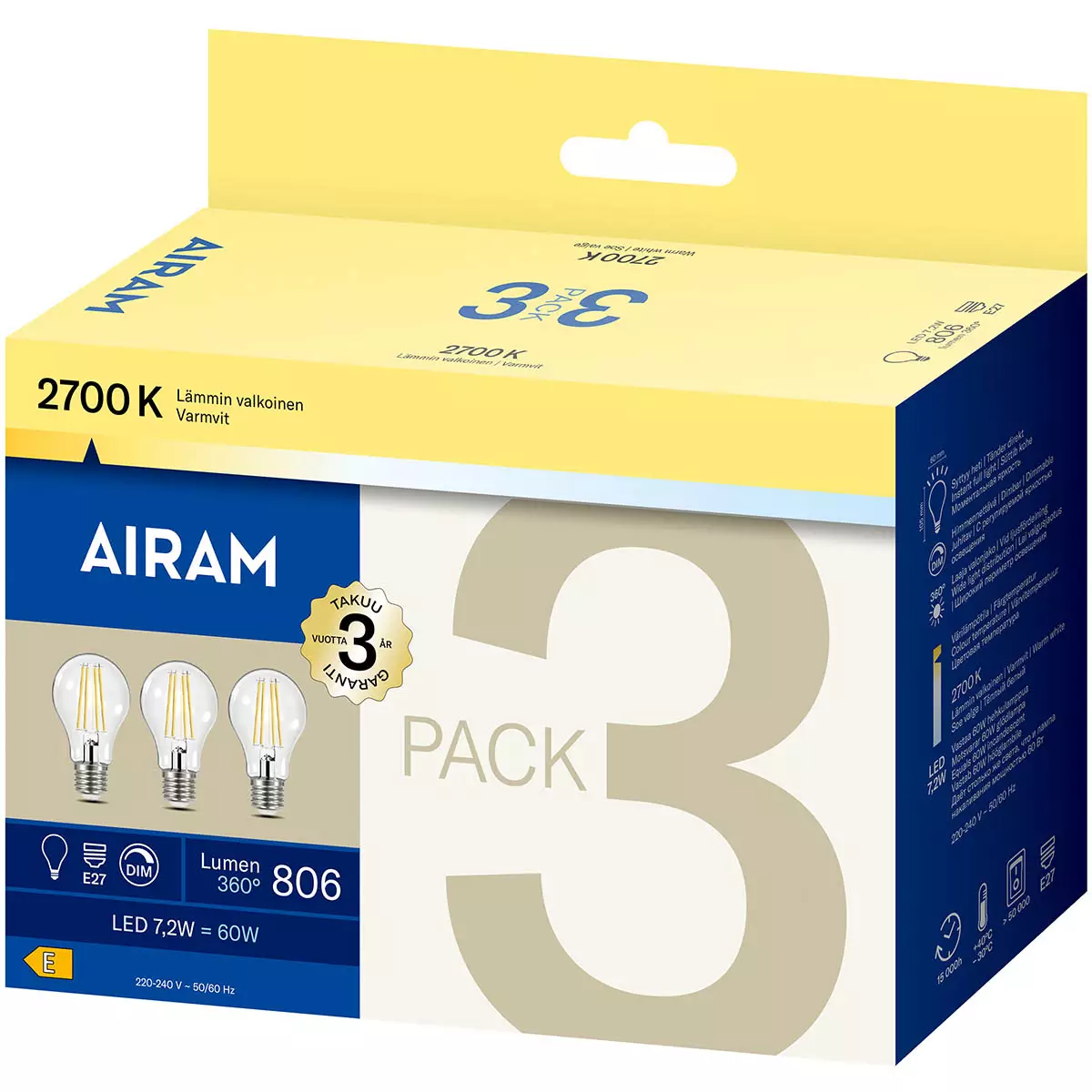 Airam Led A60 827 806lm E27 3kpl Himmennettävä filamentti-poltin - Tuontitukku.fi verkkokauppa